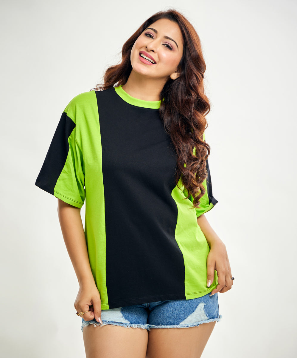 Paneled Oversized Black And Green Tshirt – Zigzag
