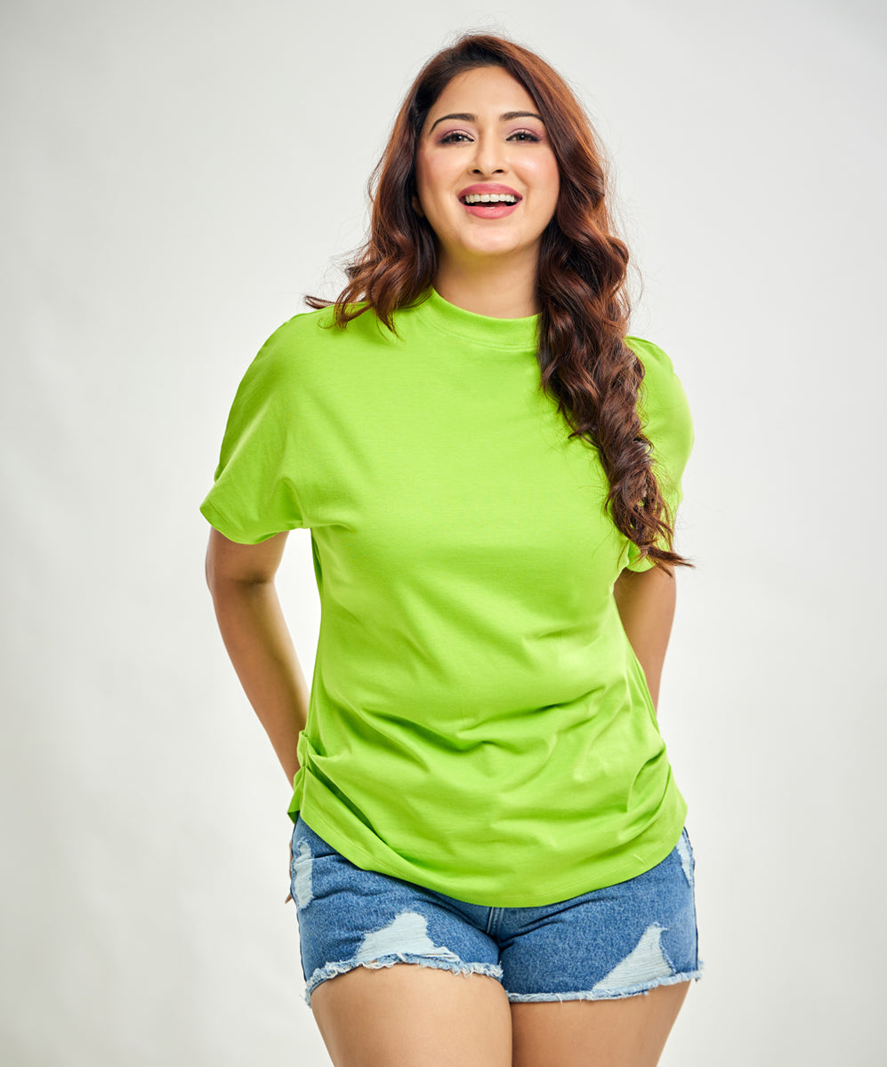 Side Gathered Crew Neck Tshirt- Electic Green – Zigzag
