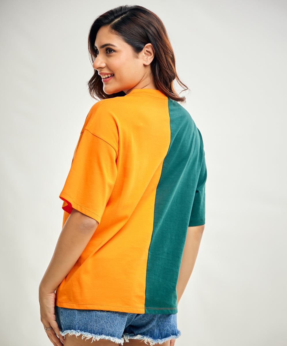 Green And Orange Contrast Oversized Tshirt – Zigzag
