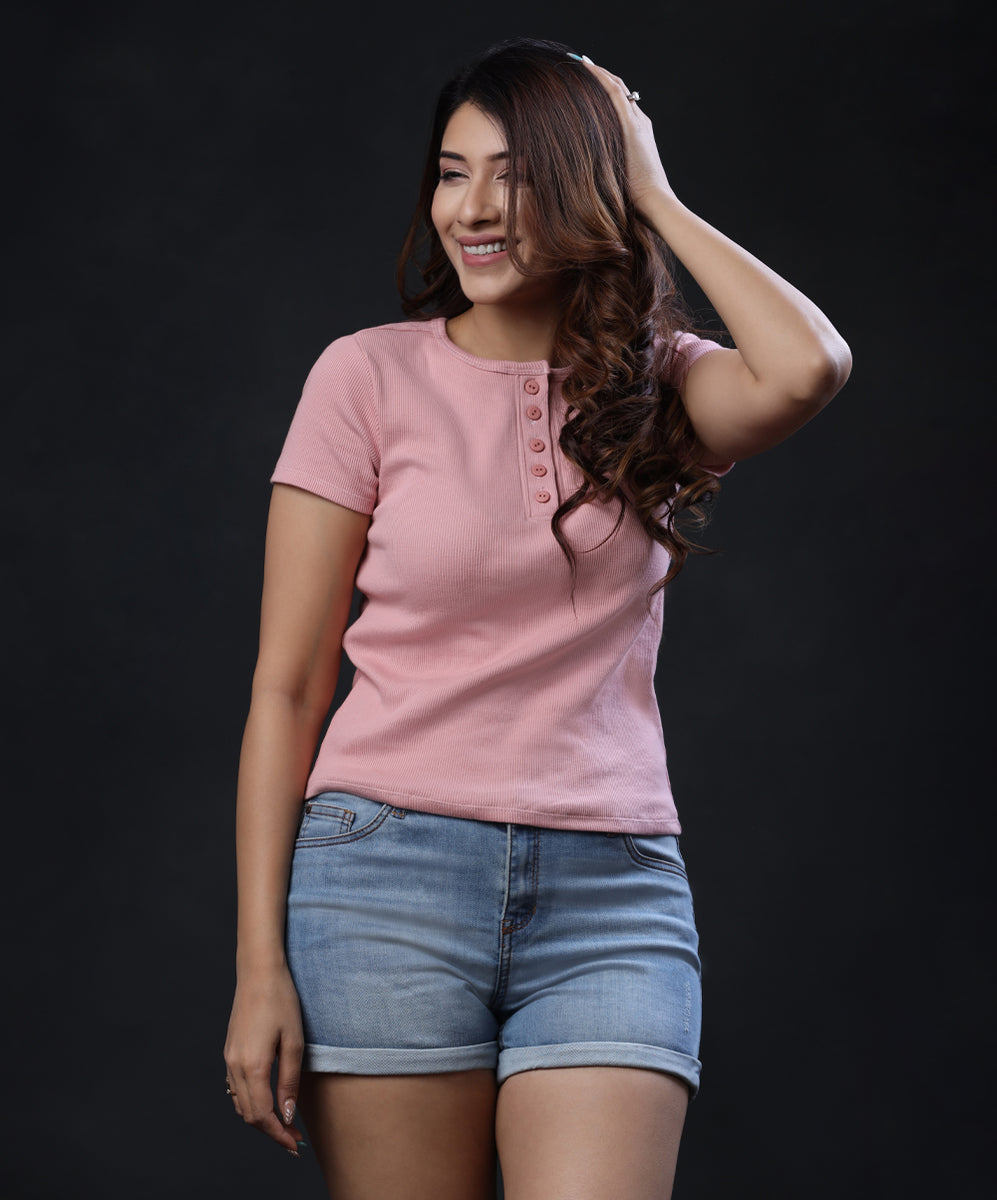Front Buttoned Pink Rib Tshirt – Zigzag