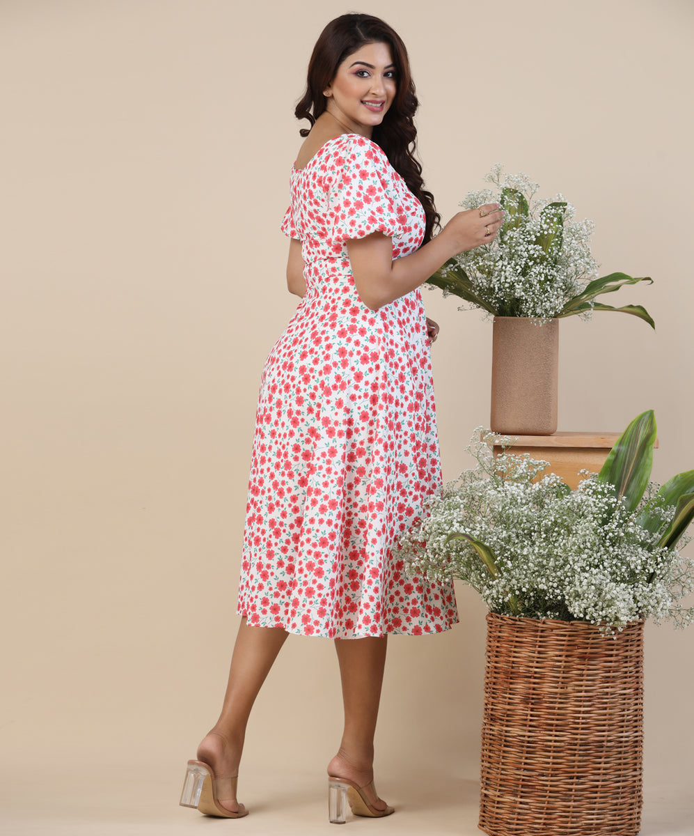 Curve Neck Puffed Sleeve Midi Dress – Zigzag