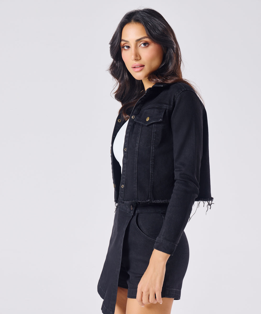 Hem Frayed Black Denim Jacket – Zigzag