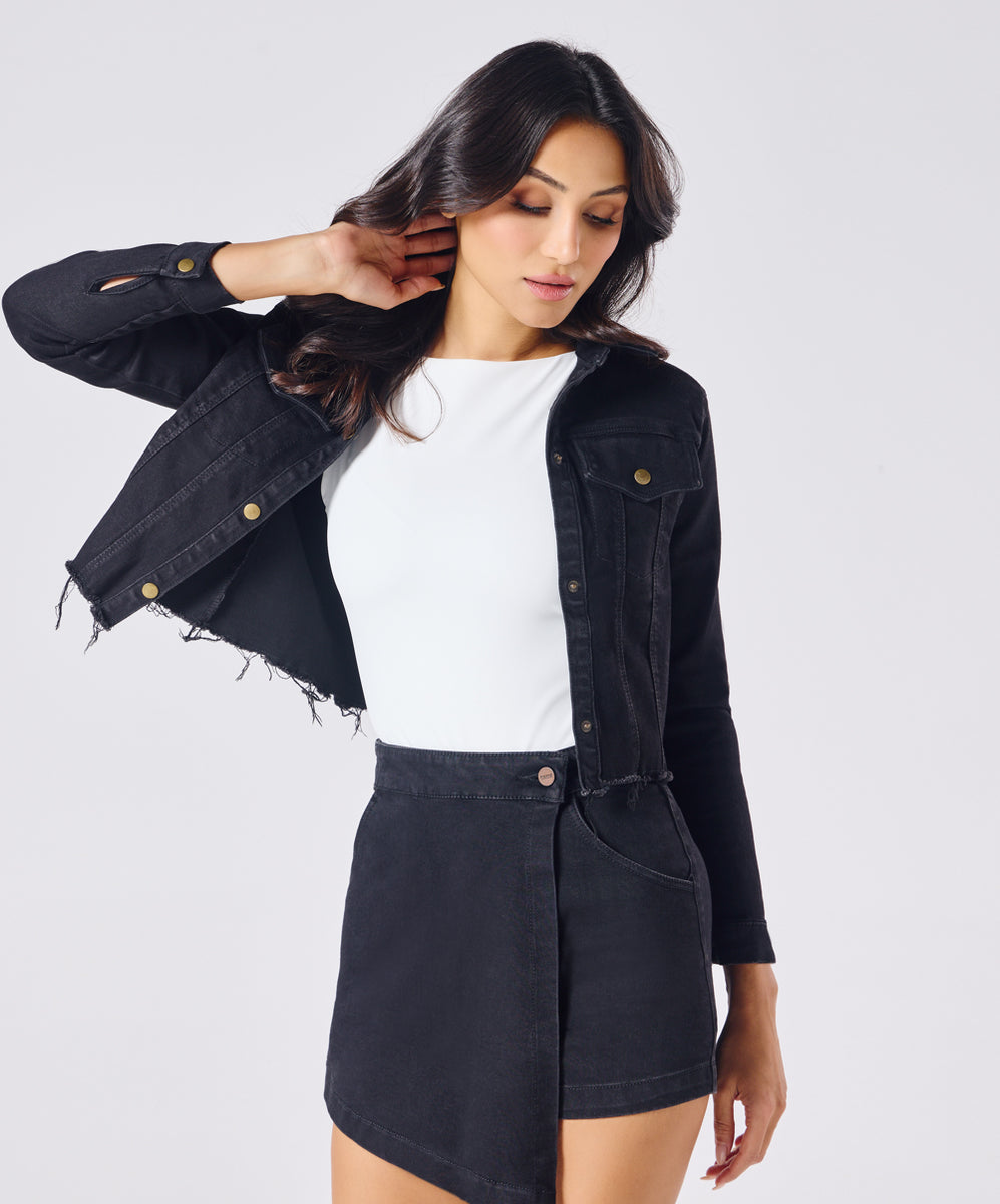 Hem Frayed Black Denim Jacket – Zigzag