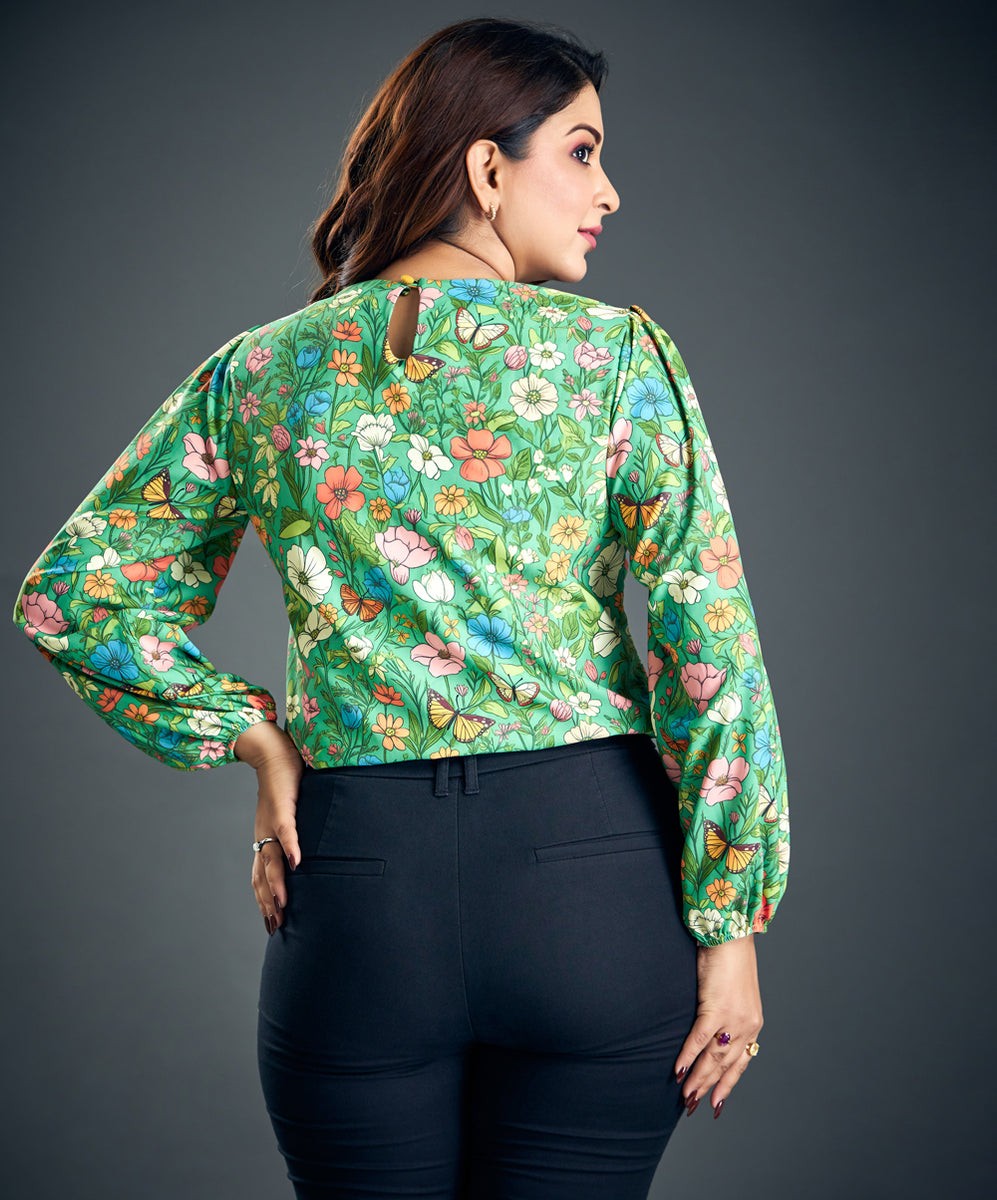 Green Floral Print Lantern Sleeve Blouse Zigzag