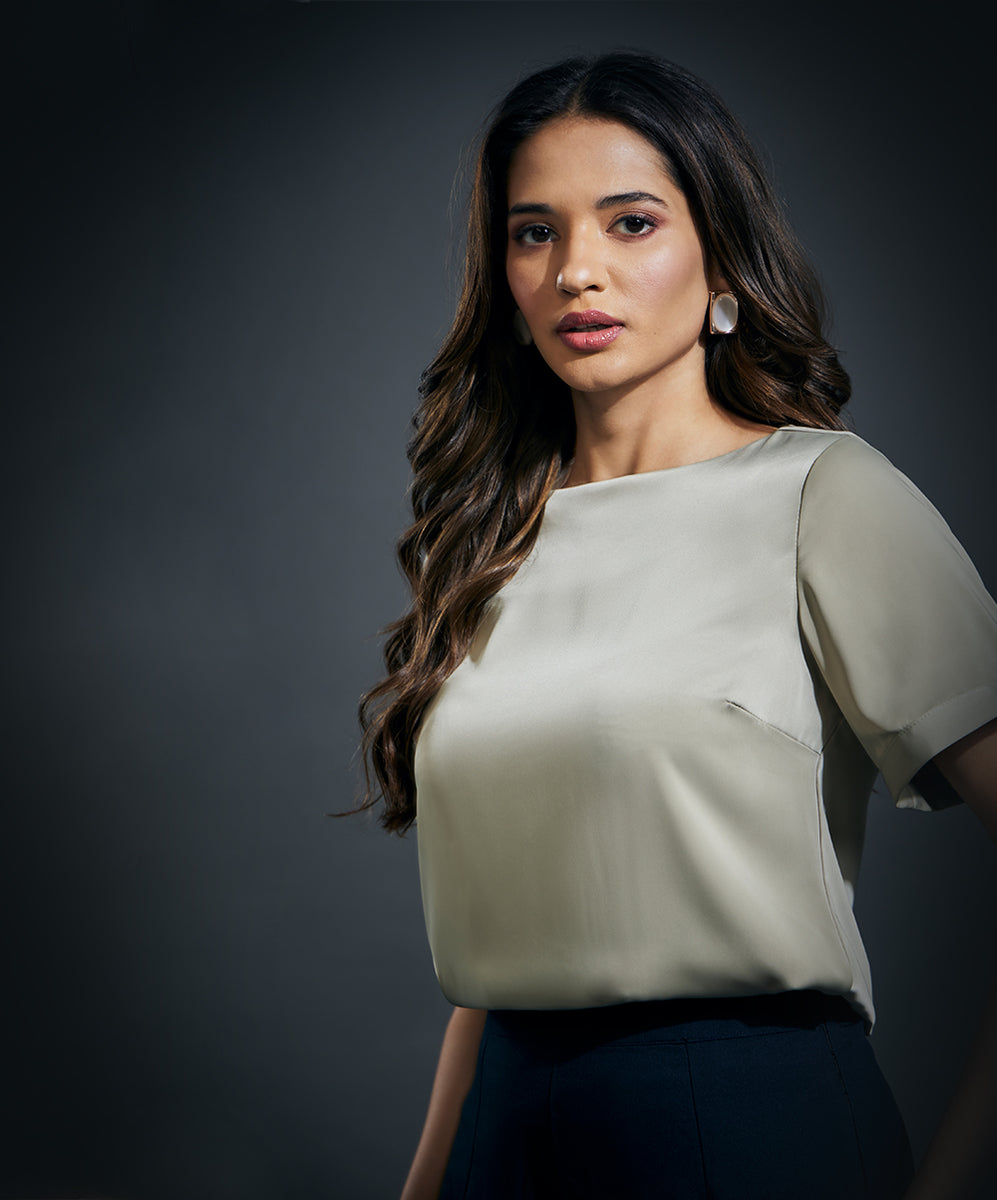 Short Sleeve Satin Solid Top-Grey – Zigzag