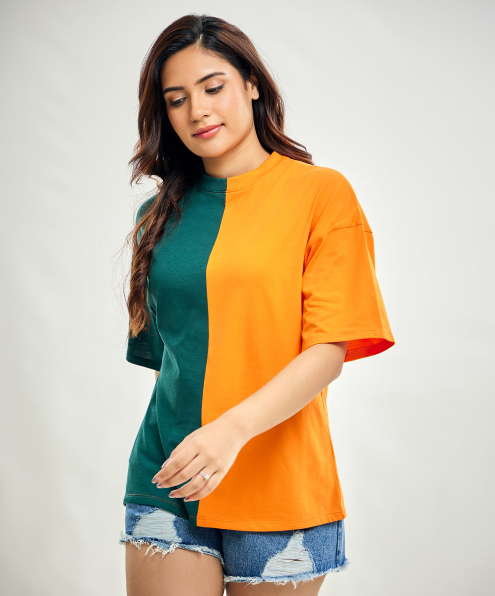 Green And Orange Contrast Oversized Tshirt – Zigzag