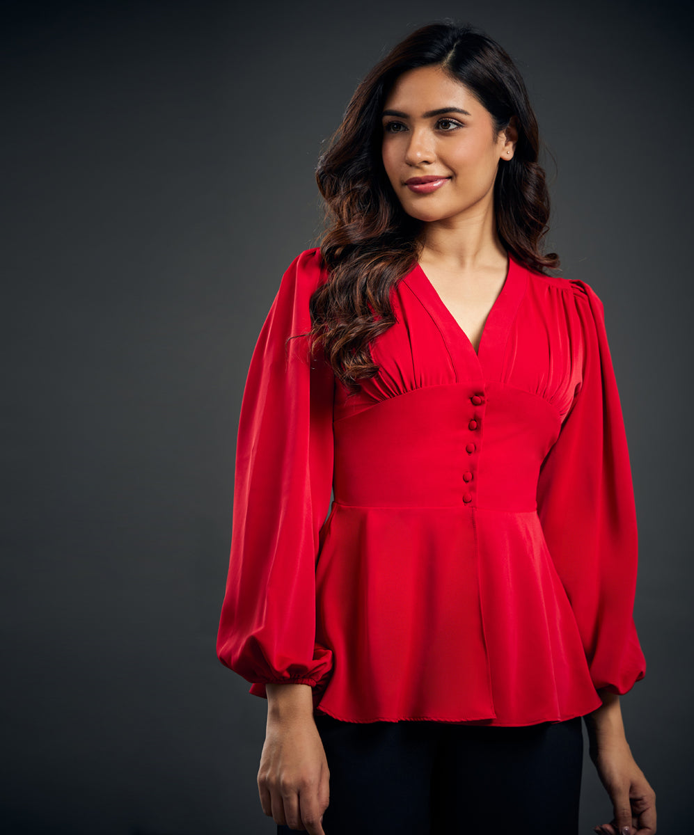 Solid Chiffon Vneck Front Slit Red Blouse – Zigzag