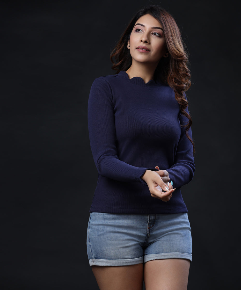 Scallop Long Sleeve Navy T Shirt Zigzag