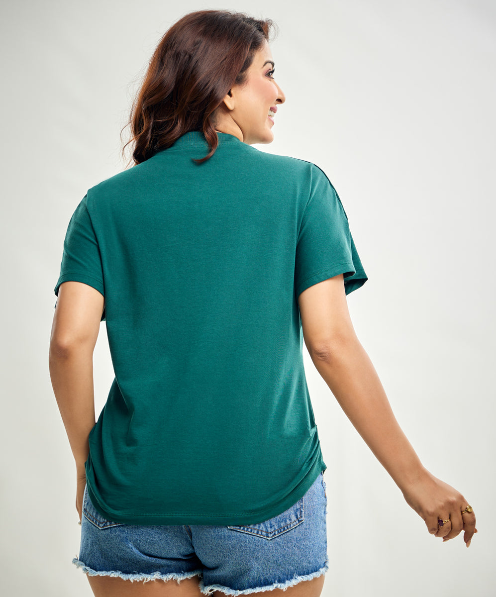 Side Gathered Crew Neck Tshirt- Dark Green – Zigzag