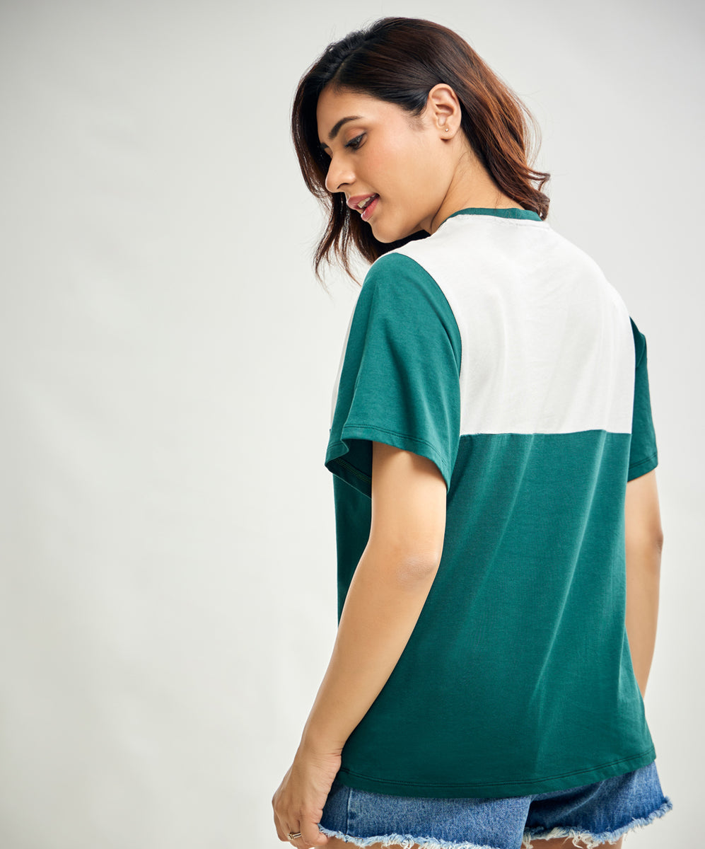 Square Contrast Detailed Crew Neck Oversized Tshirt – Zigzag