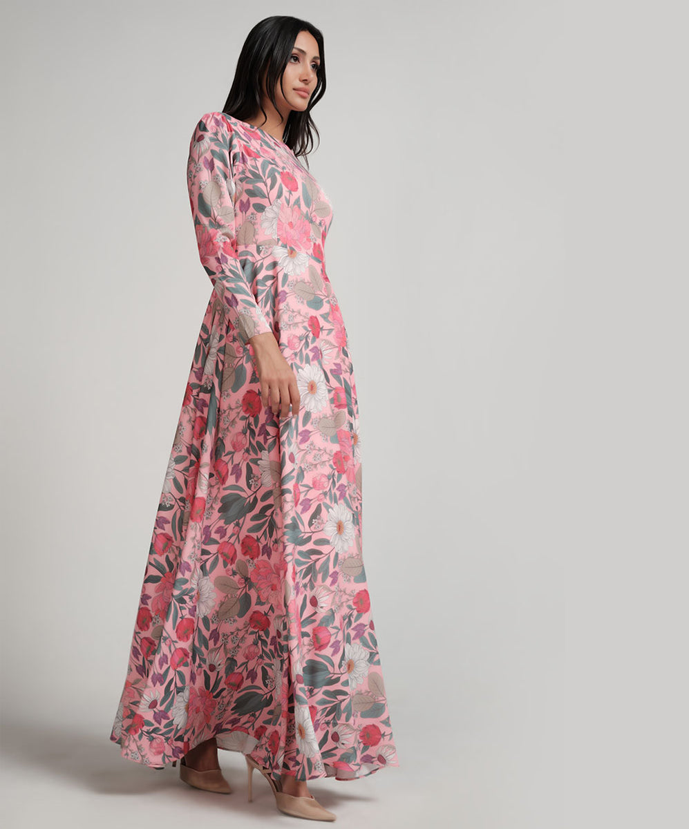 Long Sleeve Printed Chiffon Maxi Dress – Zigzag