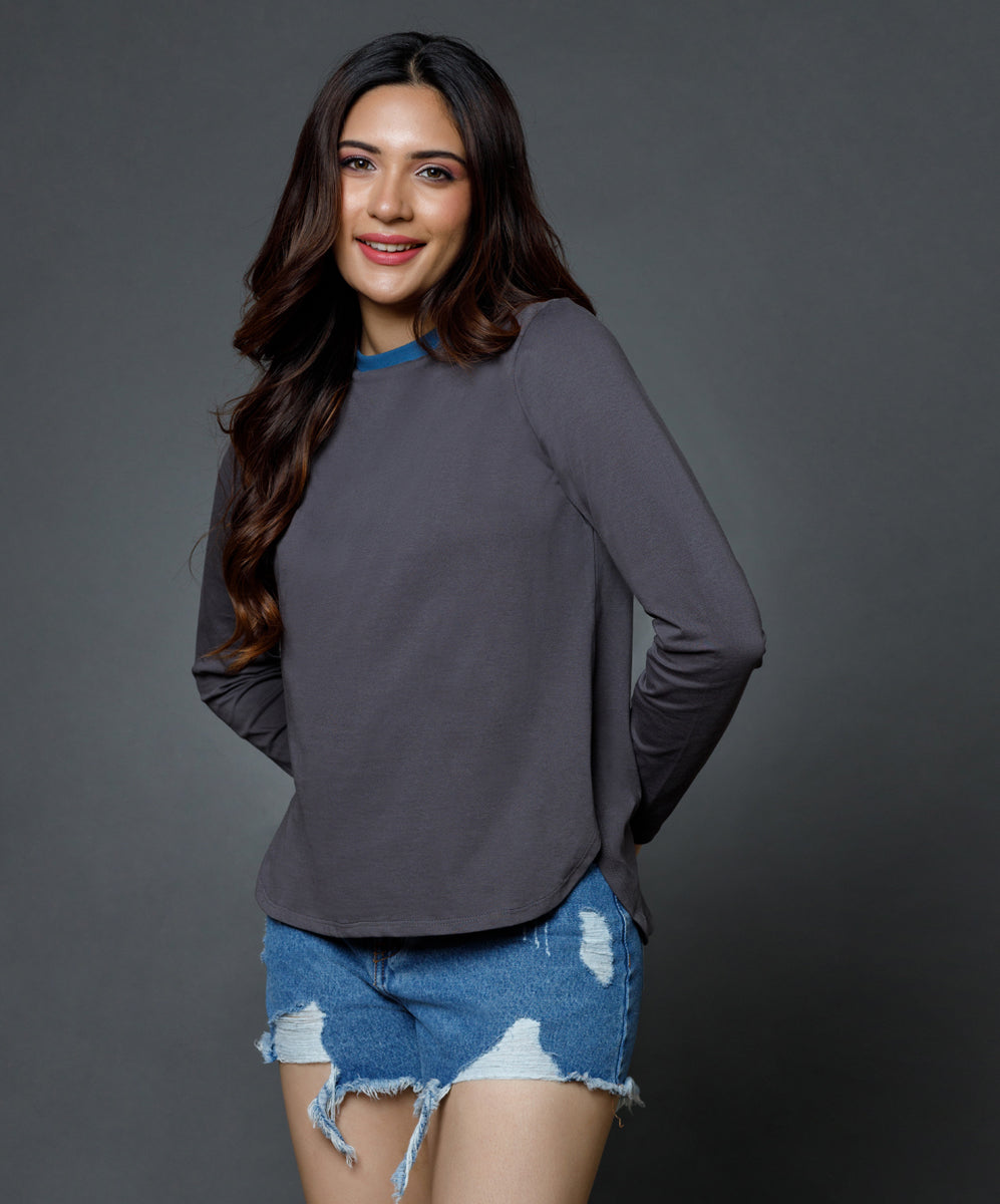 Long Sleeve Grey Crew Neck T-Shirt – Zigzag