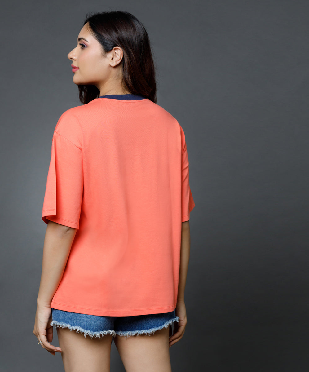 Mid Oversized Contrast Rib Orange Tshirt – Zigzag