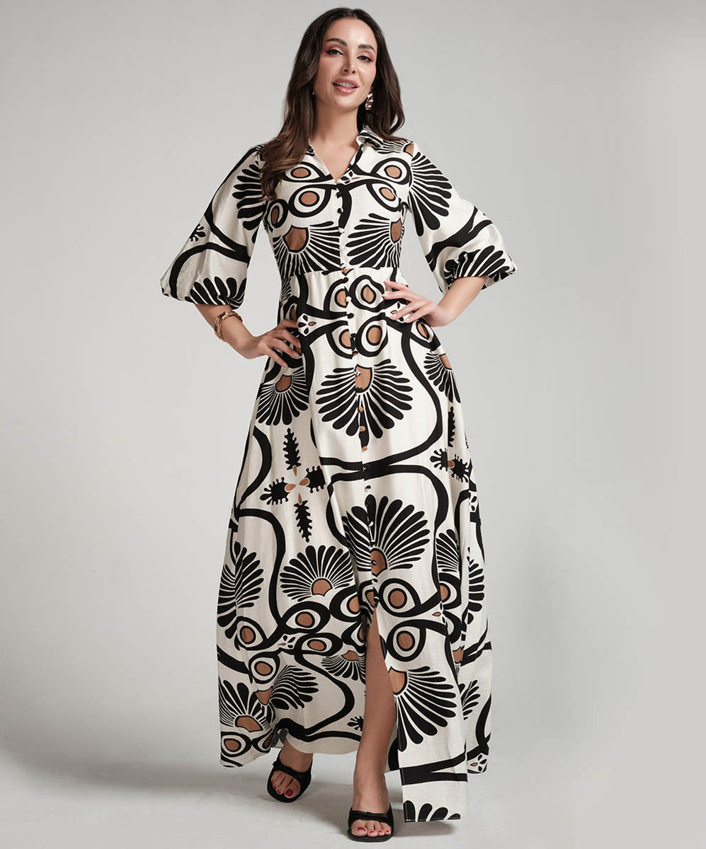 Front Buttoned Printed Maxi Dress – Zigzag