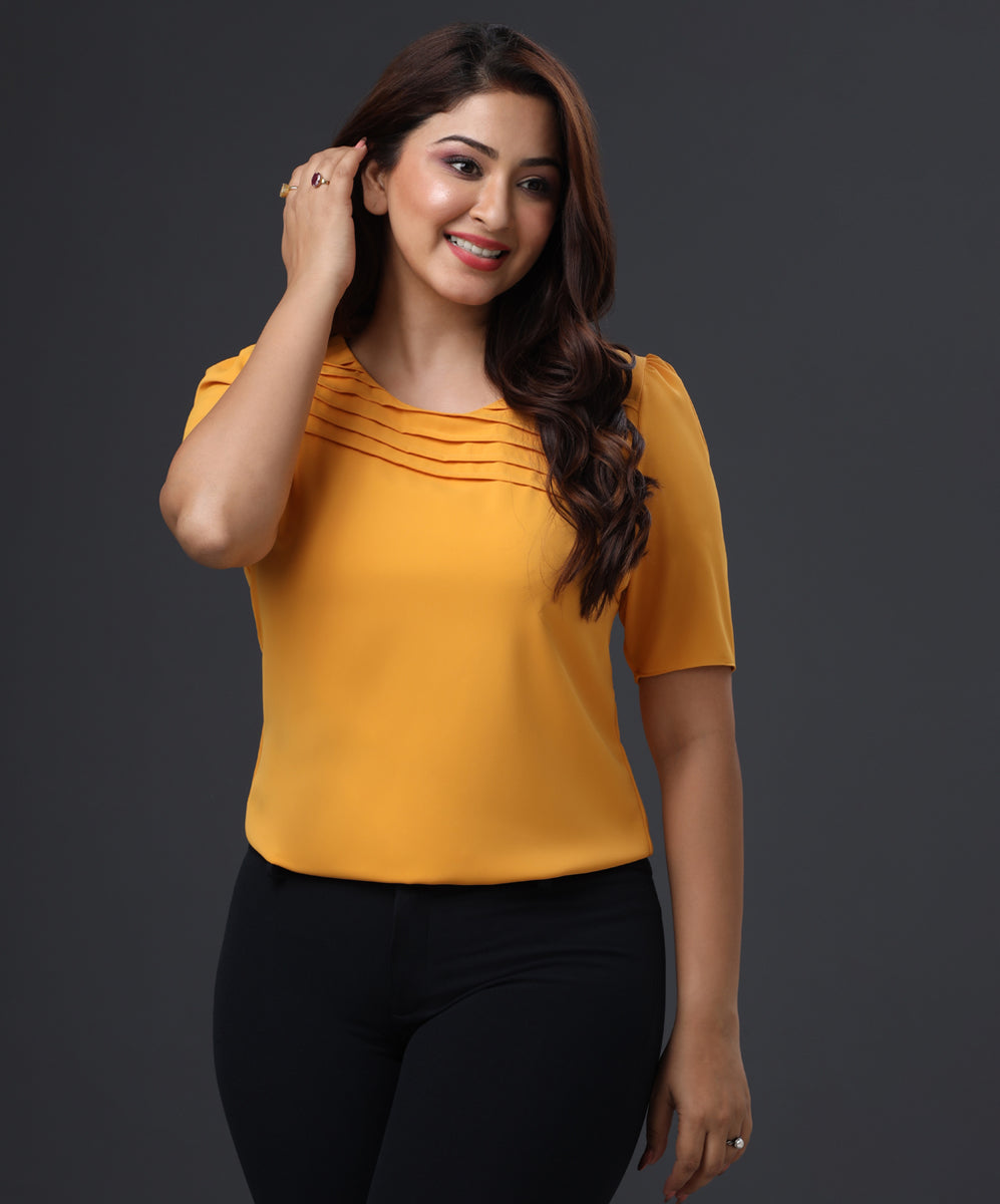 Pleated Half Sleeve Chiffon Mustard Top – Zigzag