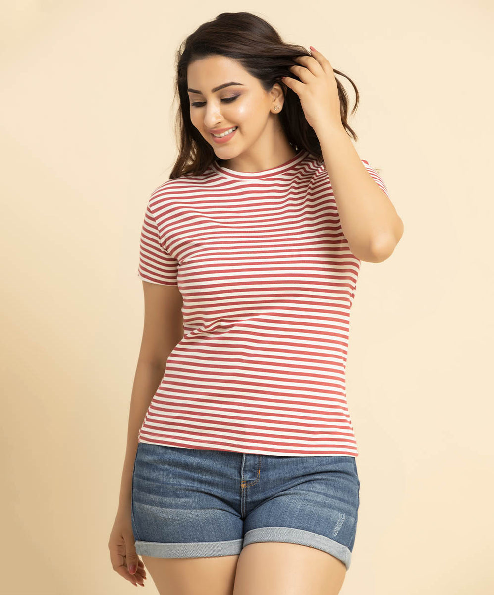 Basic Crew Neck Maroon Stripe Tshirt – Zigzag