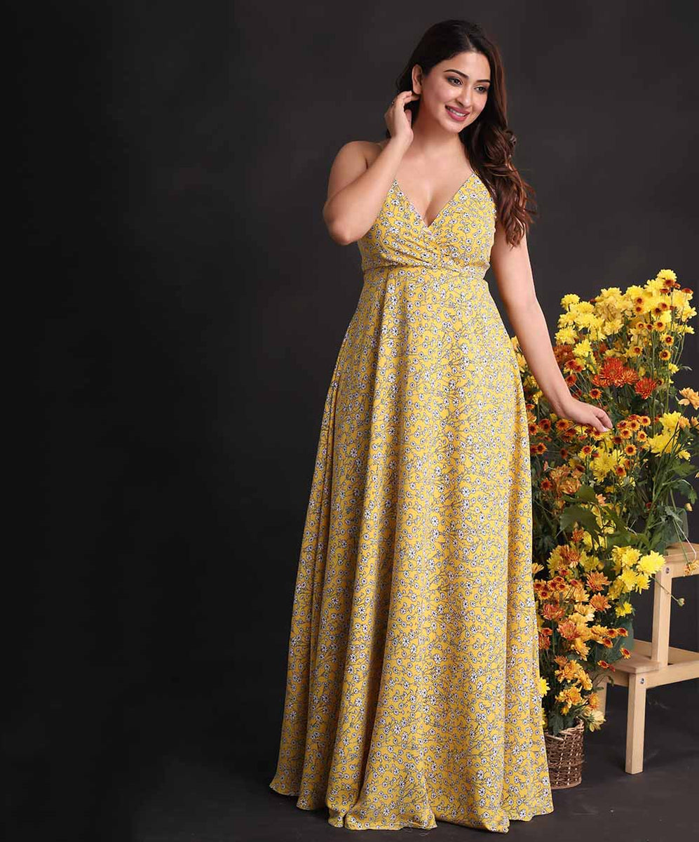 Mustard Printed Chiffon Maxi Dress – Zigzag