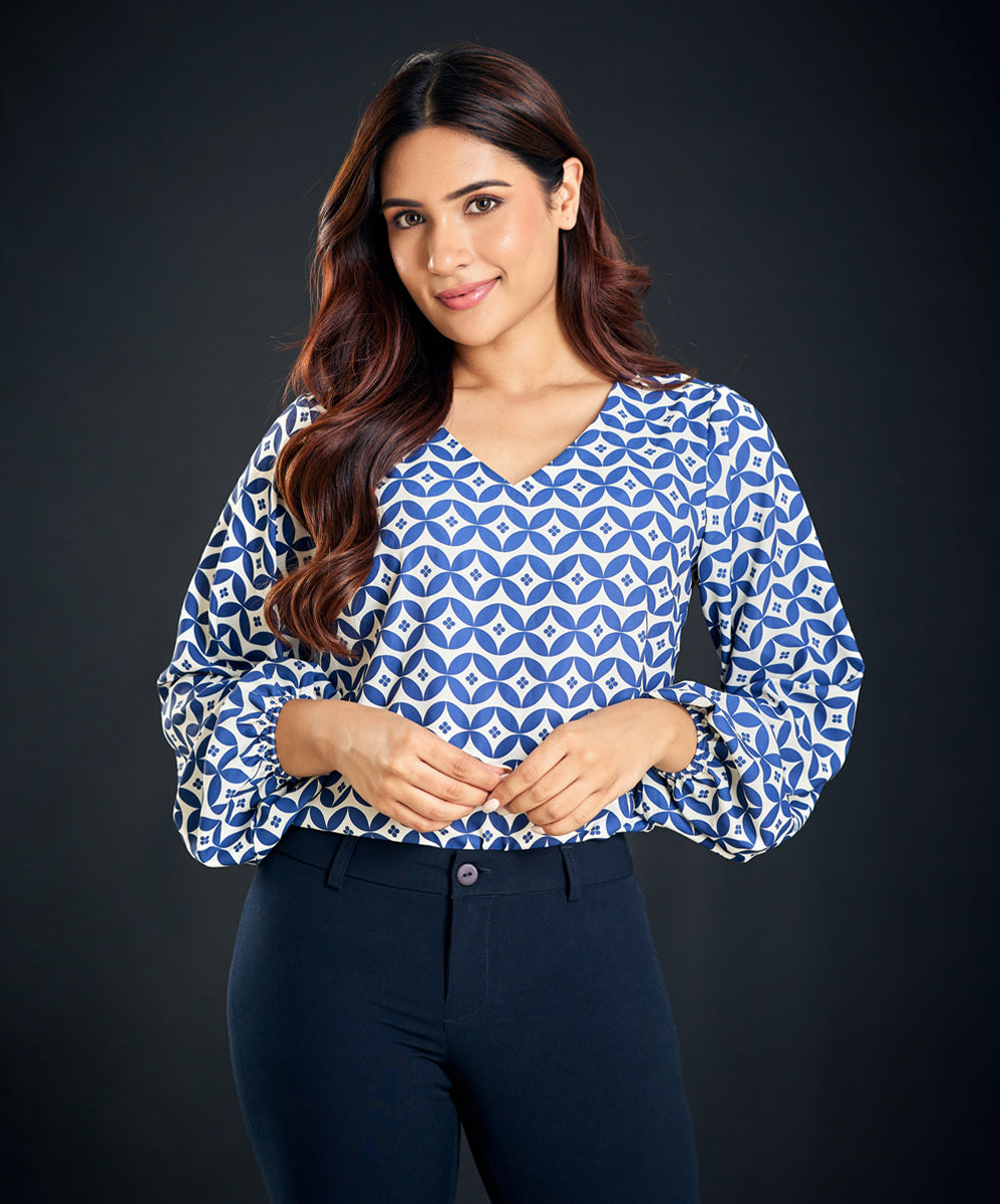 Lantern Sleeve Blue Printed Blouse – Zigzag