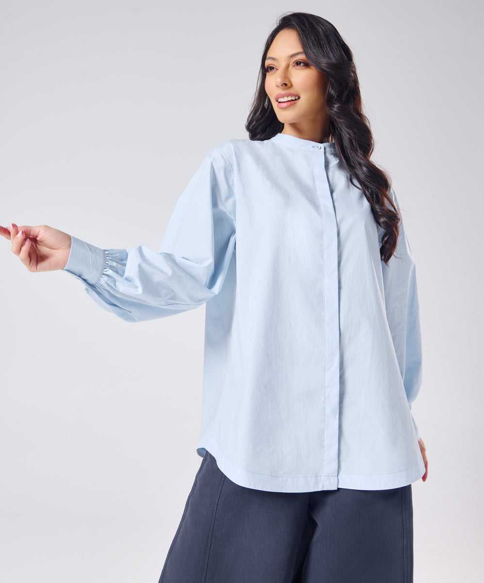 Mandarin Collar Cotton Oversized Shirt- Baby Blue – Zigzag