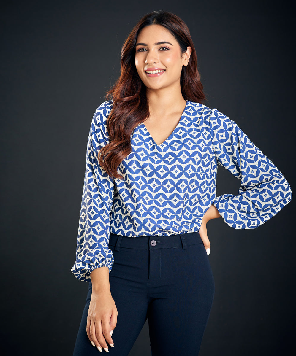 Lantern Sleeve Blue Printed Blouse – Zigzag