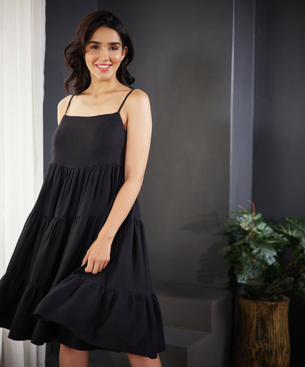 Gathered And Layered Strappy Linen Dress – Zigzag