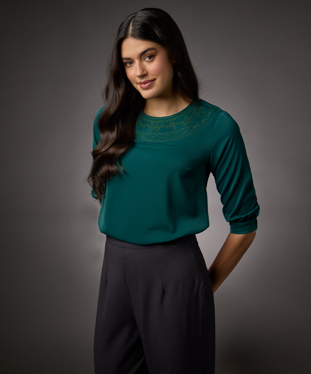 Neck Embroidered Half Sleeve Top-Green – Zigzag