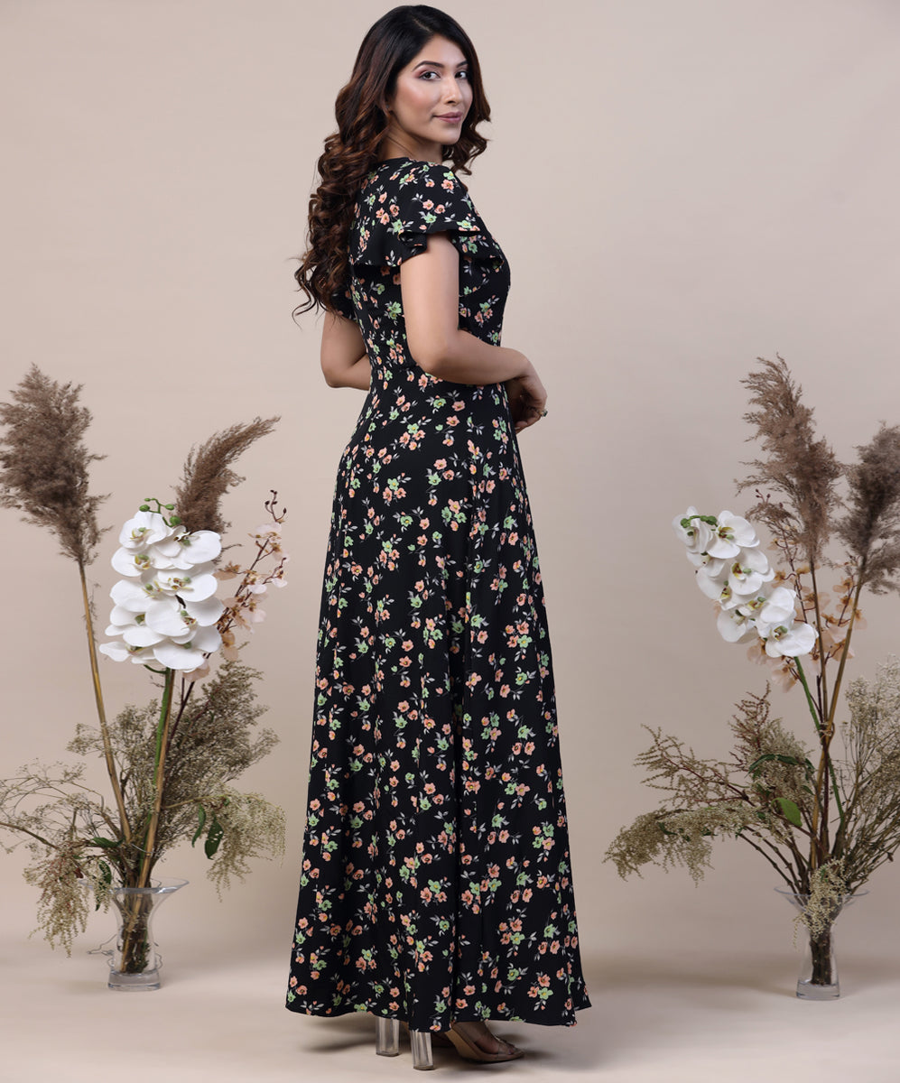 Floral Printed Flutter Sleeve Maxi Dress – Zigzag