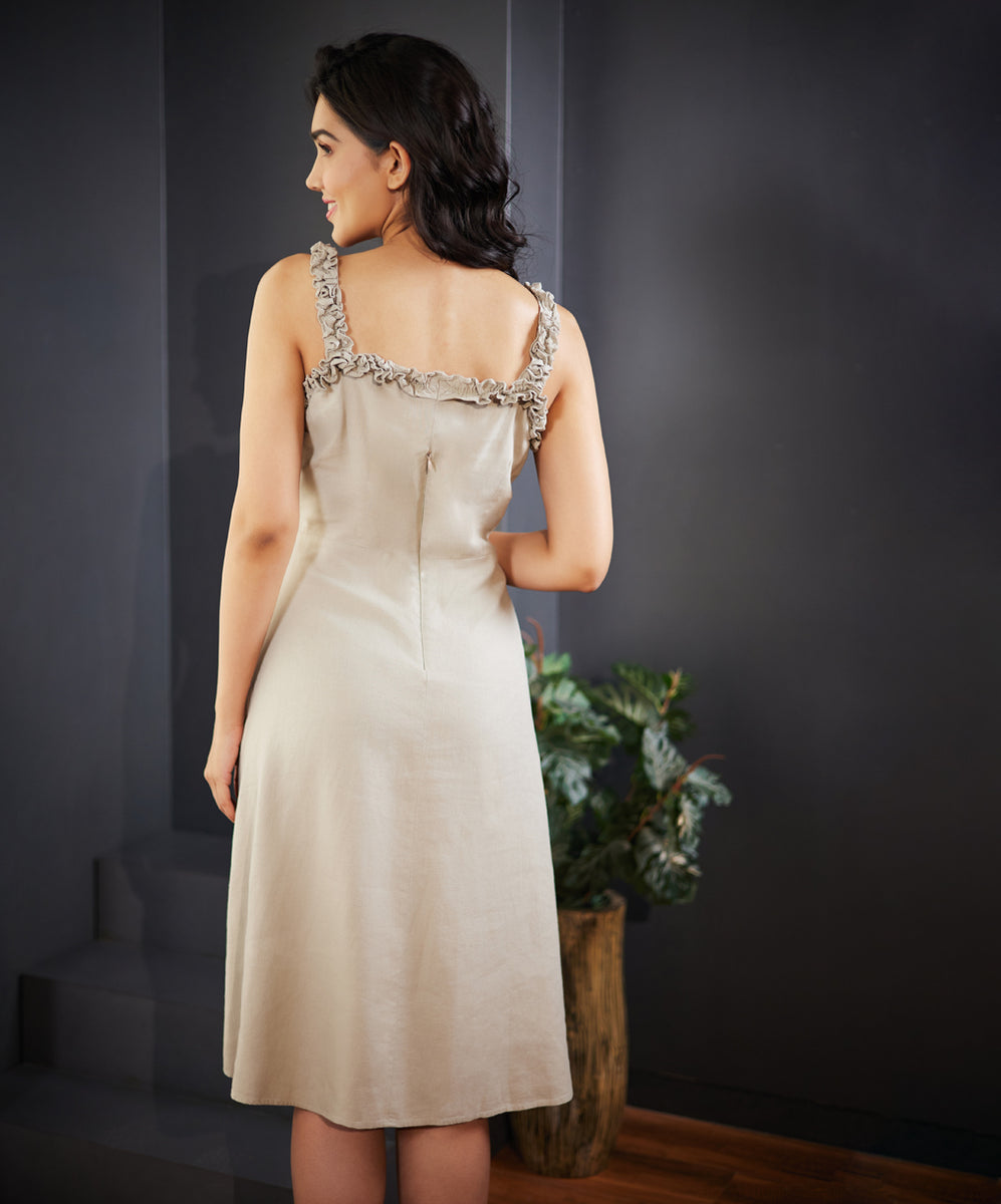 Square Neck Ruffle Detailed Linen Dress – Zigzag