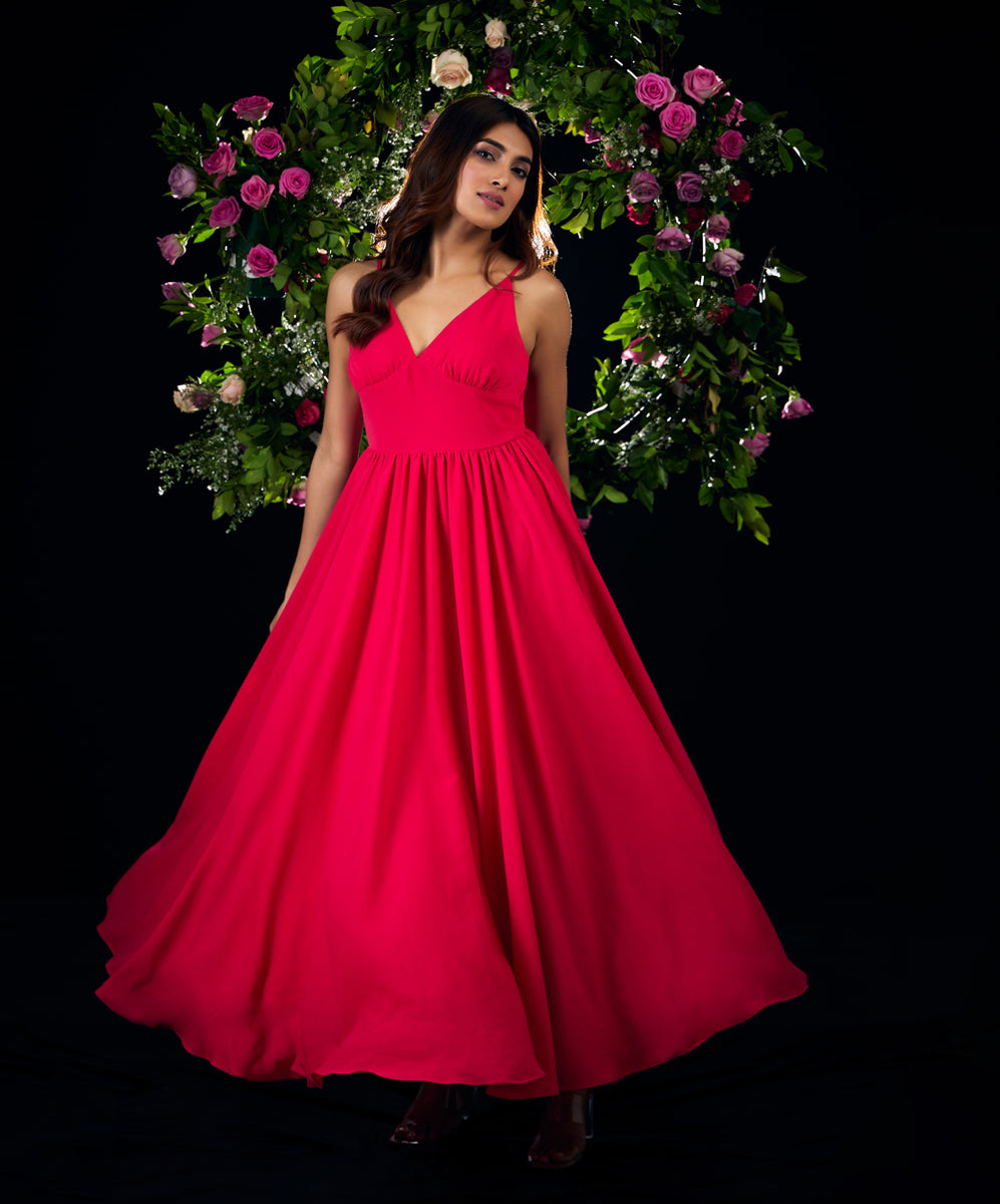 Bustier Hot Pink Chiffon Maxi Dress – Zigzag