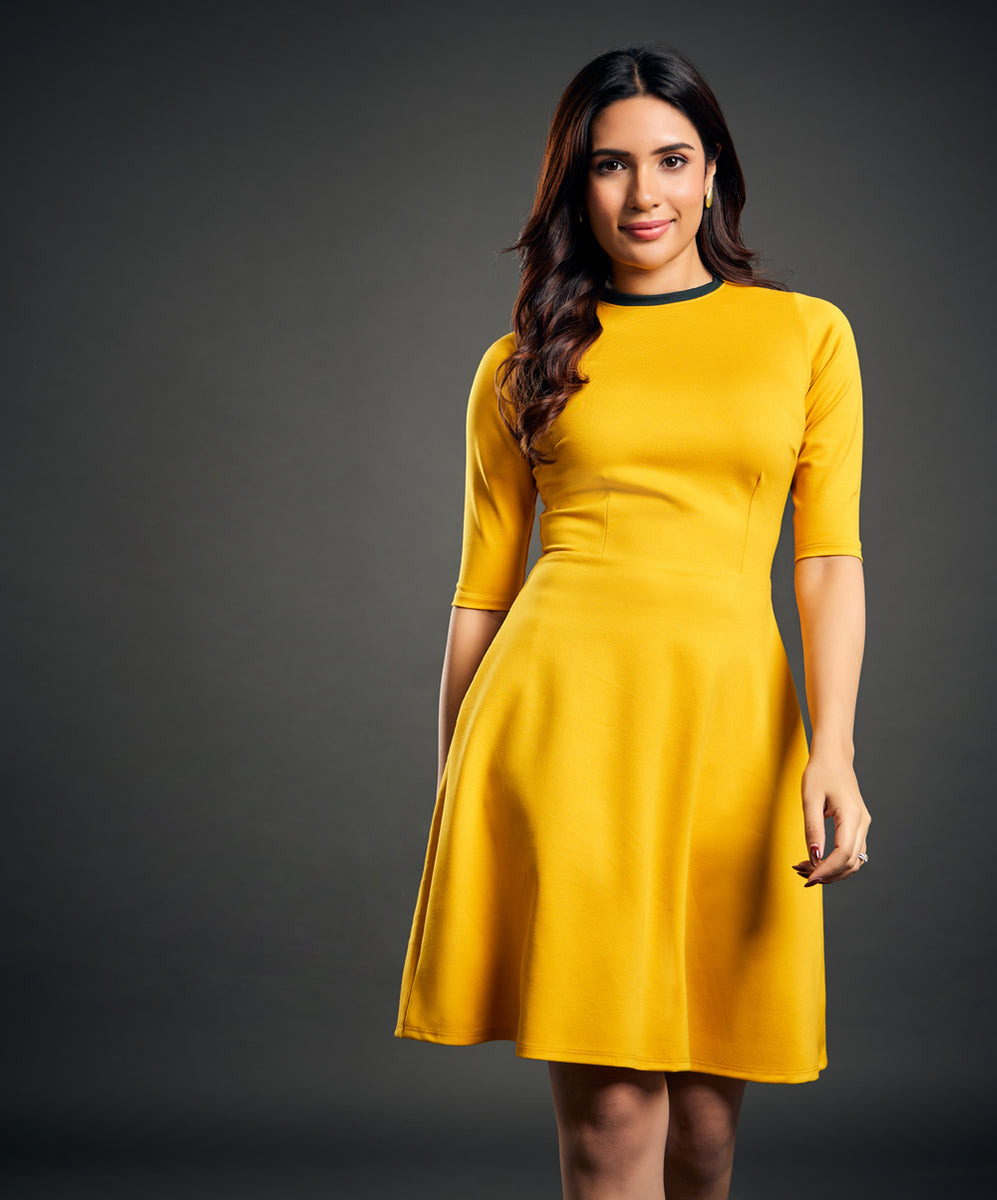 Neck Contrast A-line yellow Dress – Zigzag