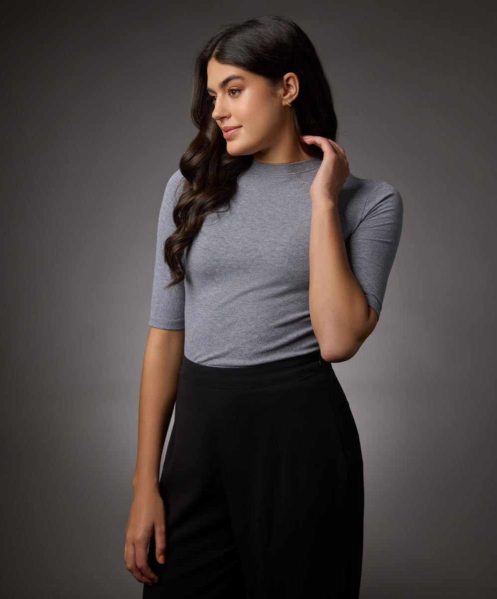 Short Sleeve High Neck Rib Top- Light Grey – Zigzag