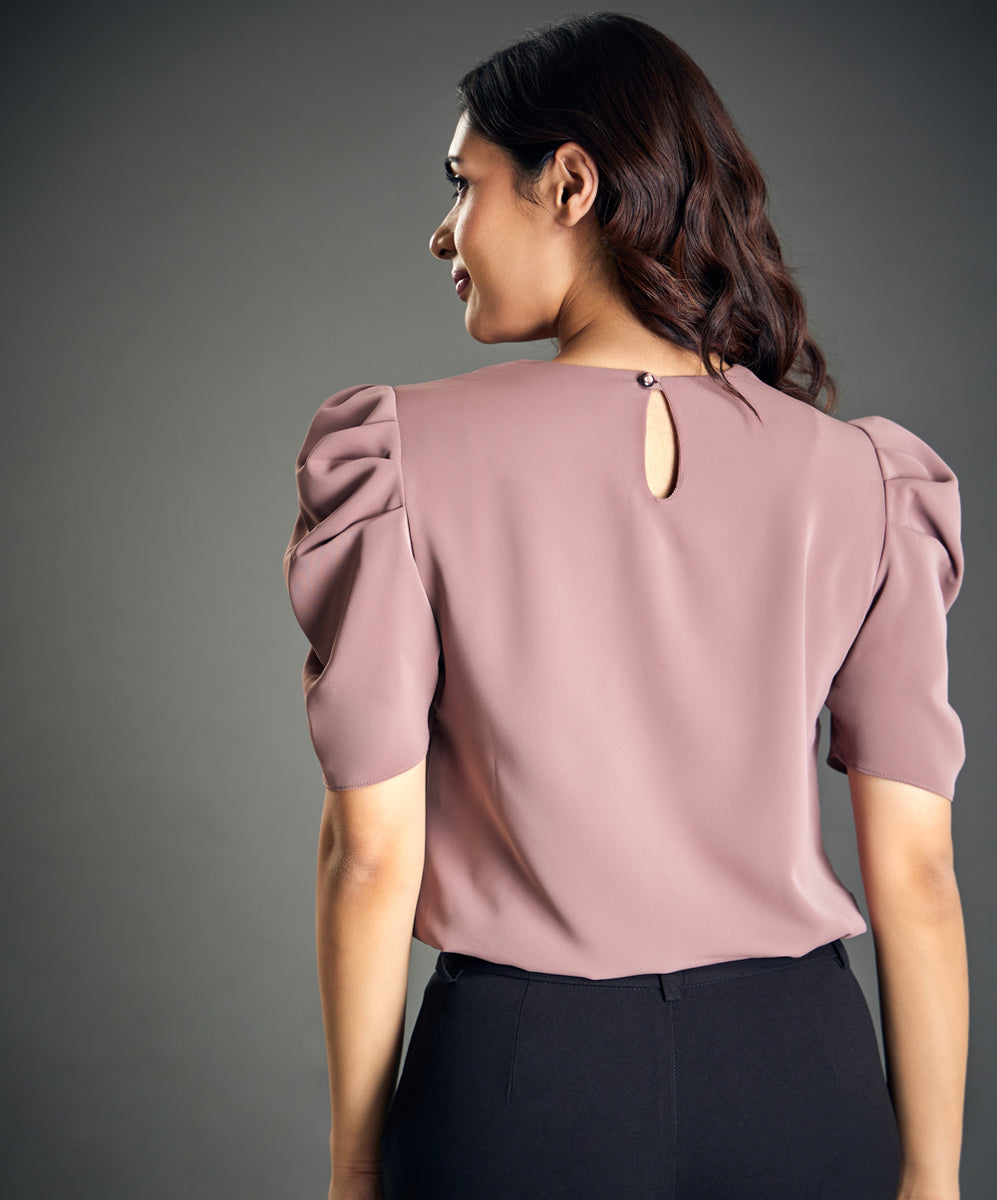 Bow Notch Sleeve Detailed Brown Top – Zigzag