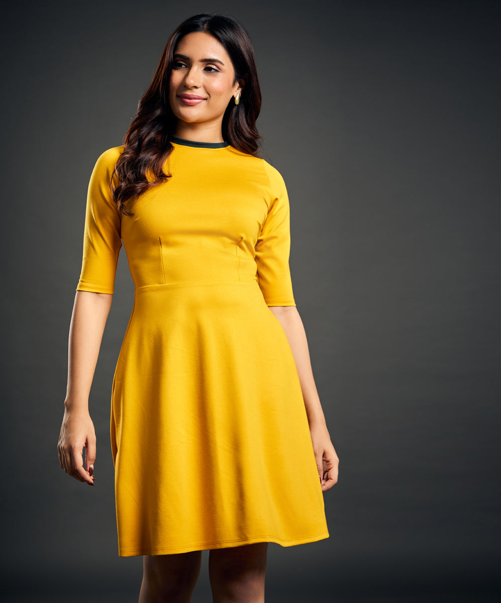 Neck Contrast A-line yellow Dress – Zigzag