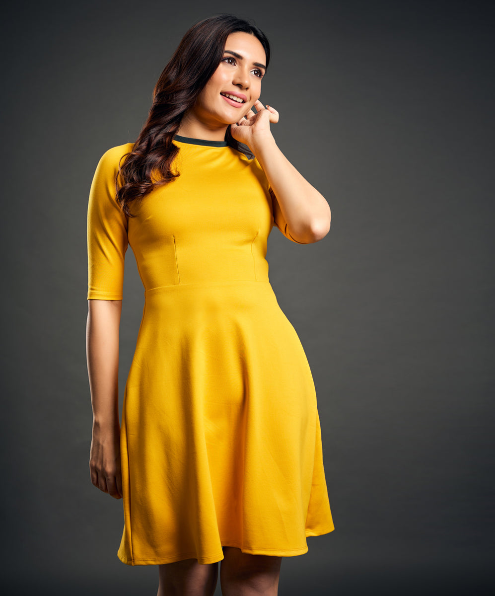 Neck Contrast A-line yellow Dress – Zigzag