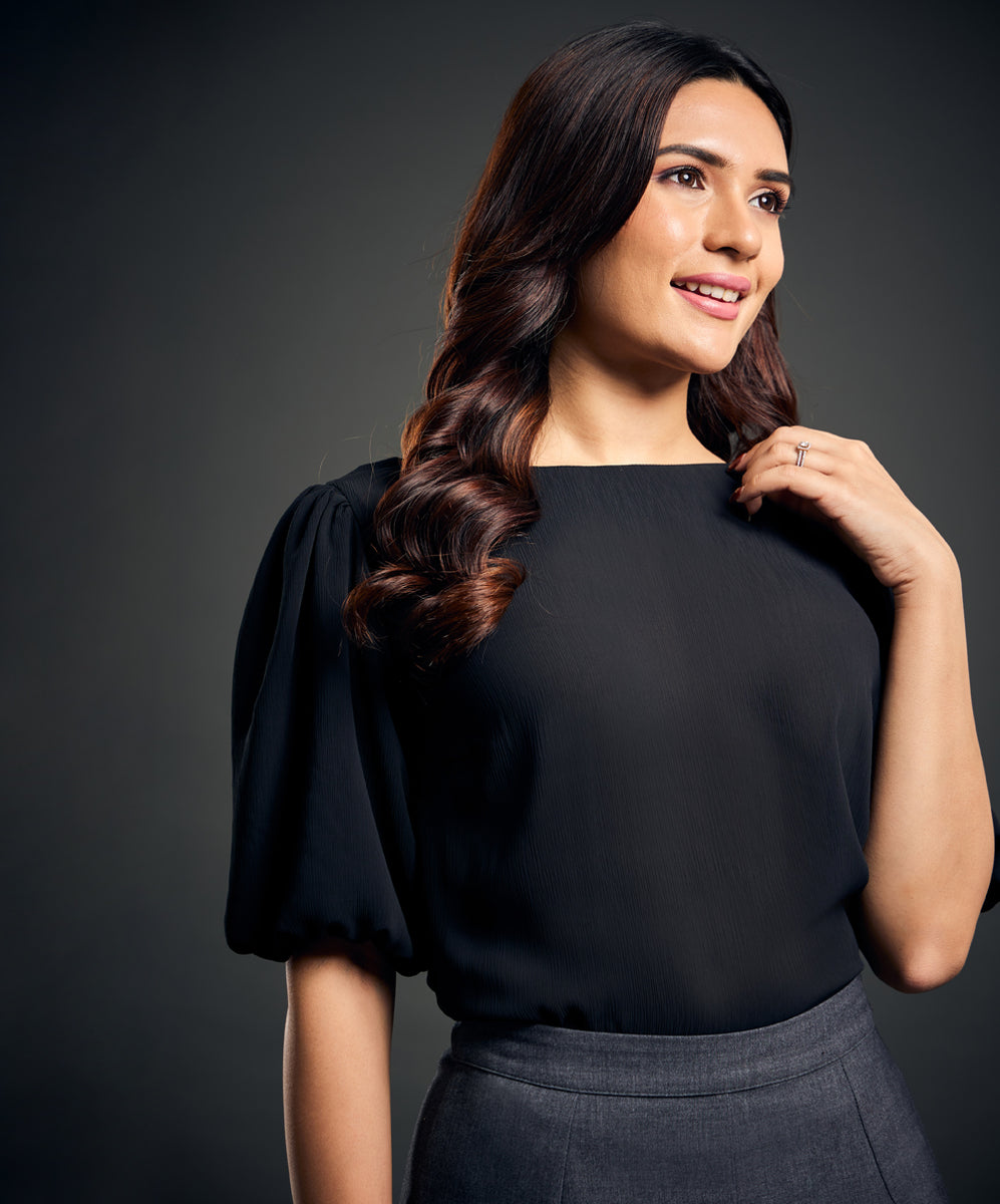 Wide Neck Crushed Formal Black Top – Zigzag