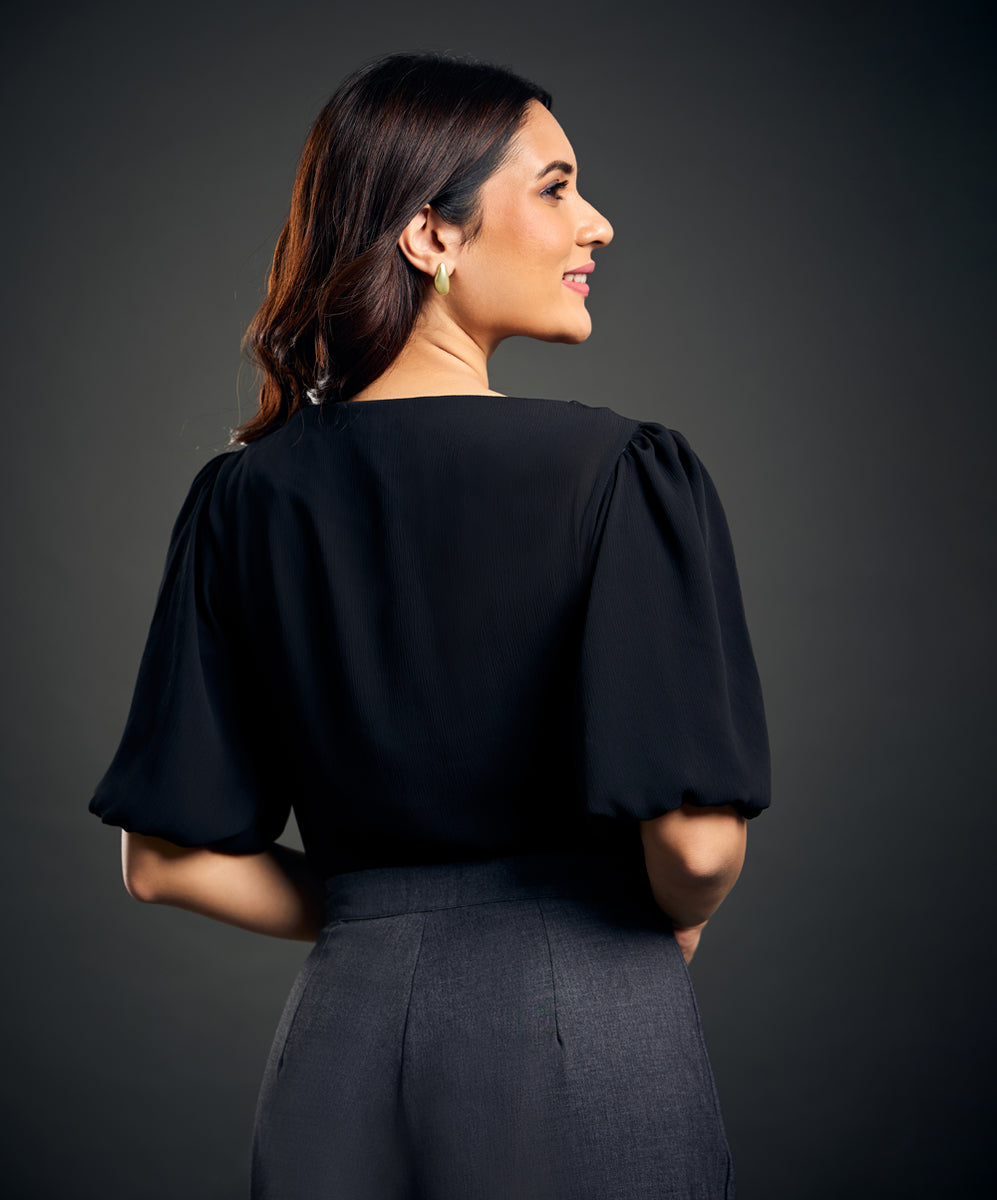 Wide Neck Crushed Formal Black Top – Zigzag