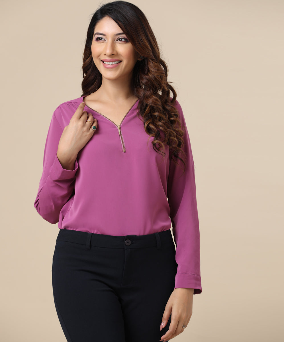 Long Sleeve Front Zipper Plum Top – Zigzag