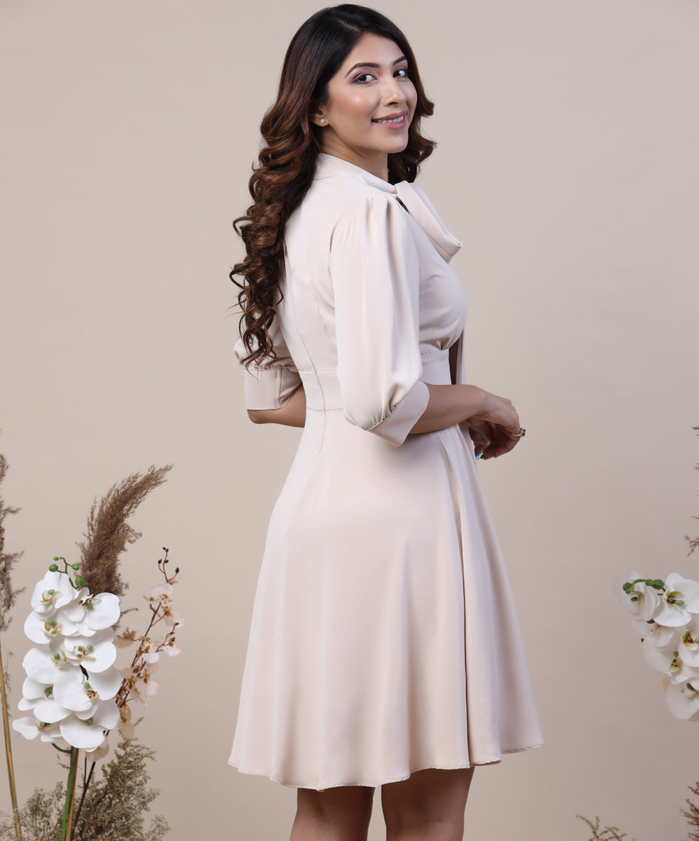Solid Sweet Neck Tie Flared Dress – Zigzag