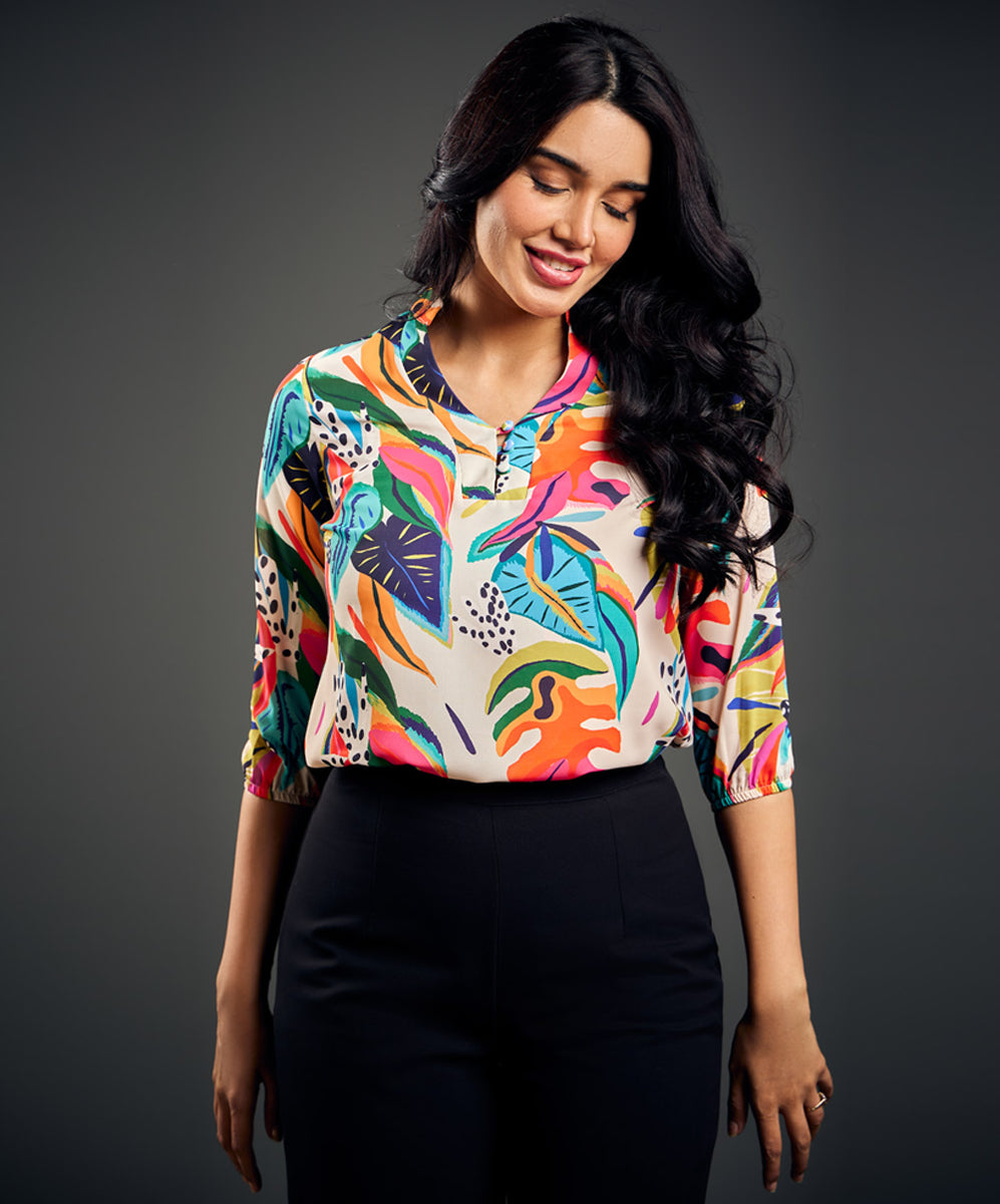 Front Open Collared Printed Top – Zigzag