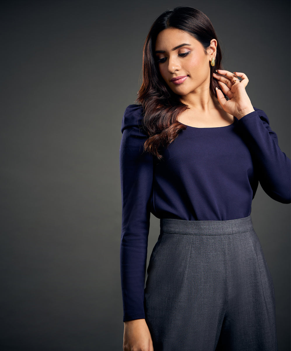 Long Sleeve Scoop Neck Blue Top – Zigzag