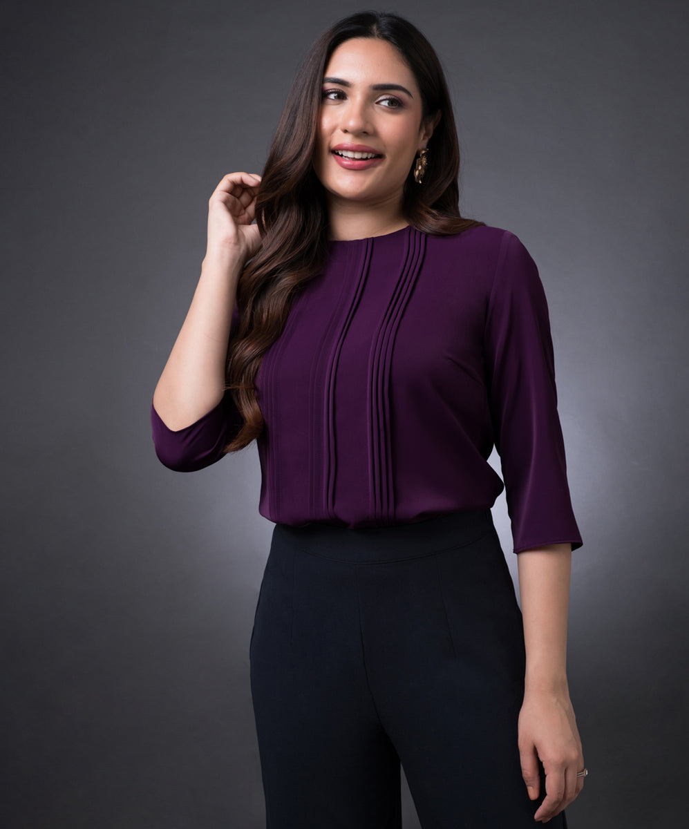 Front Pintuck Long Sleeve Purple Top – Zigzag