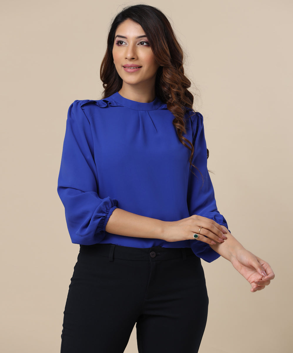 Long Sleeve Neck Band Blue Top – Zigzag