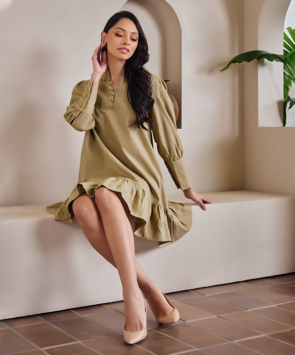 Pintuck Linen Long Sleeve Comfy Dress – Zigzag