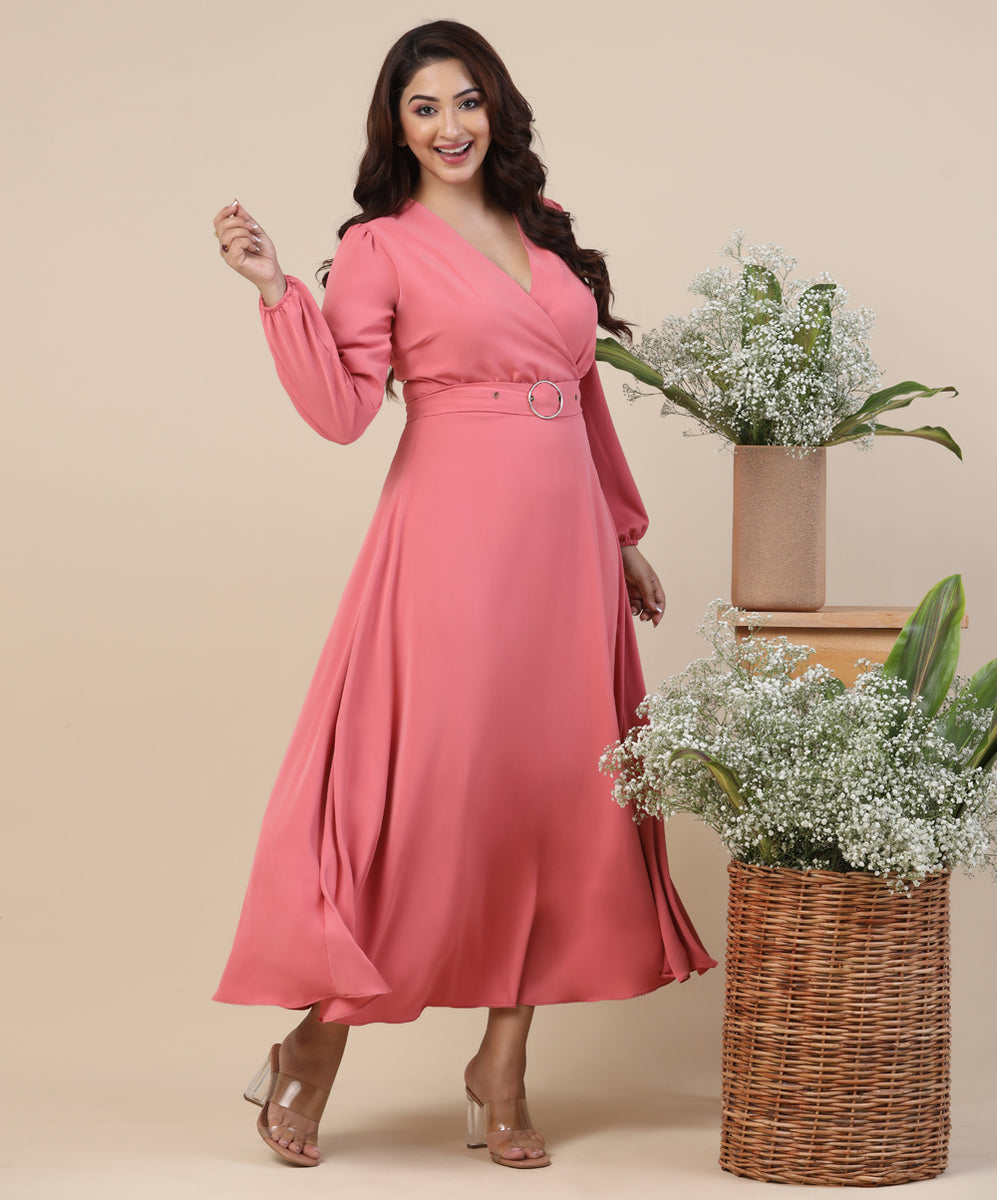 Vneck Chiffon Solid Pink Dress – Zigzag