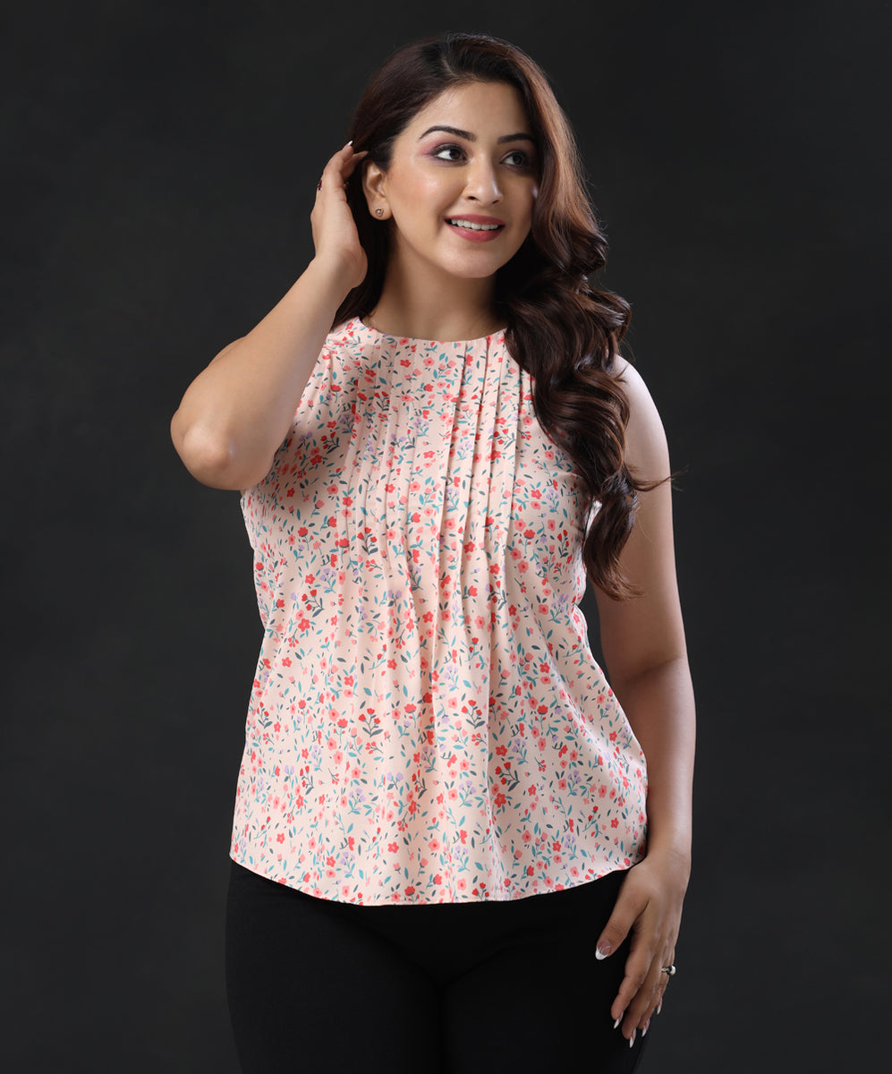 Round Neck Sleeveless Printed Pink Top – Zigzag