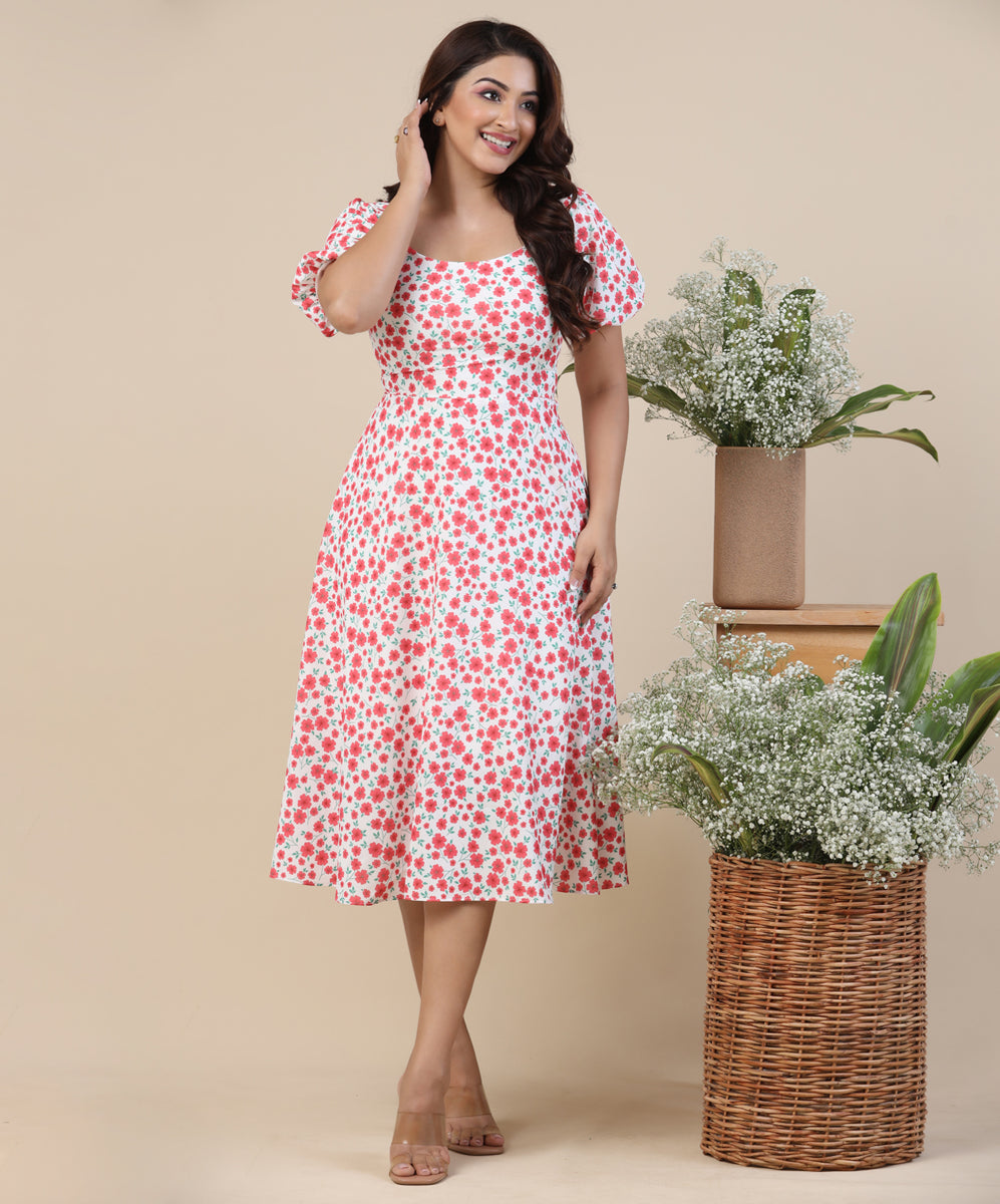 Curve Neck Puffed Sleeve Midi Dress – Zigzag