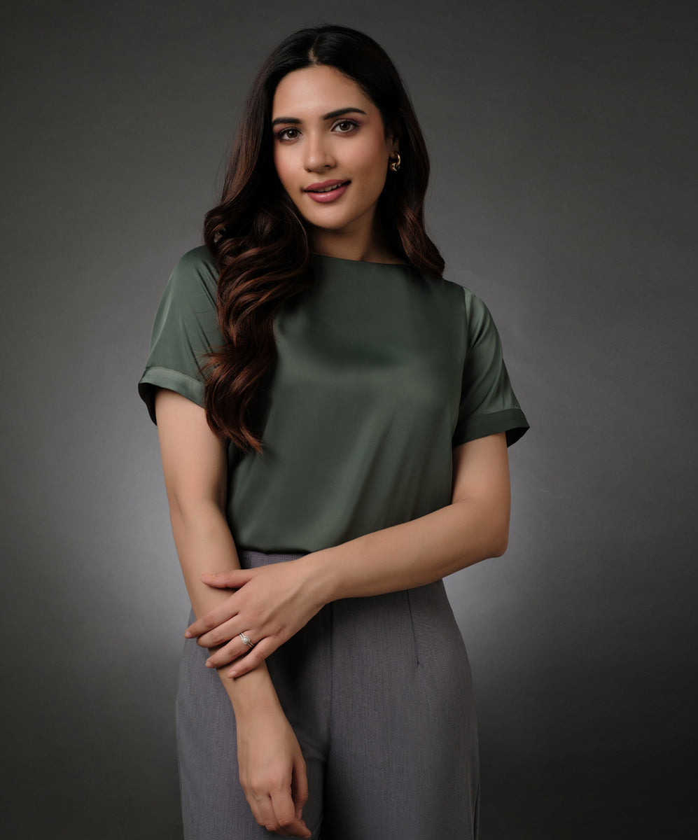 Short Sleeve Satin Green Top – Zigzag