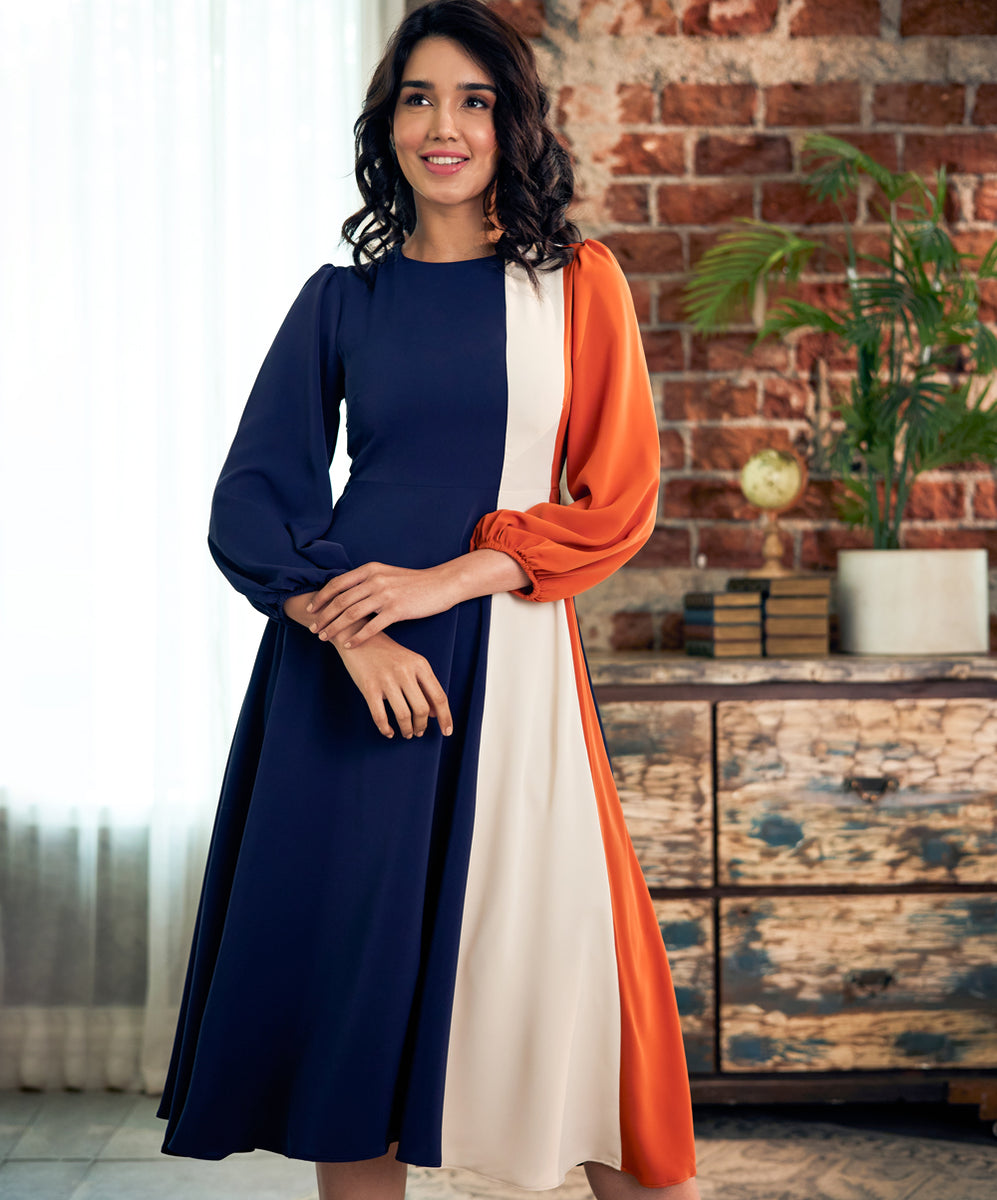 Three Tone Colour Contrast Midi Dress – Zigzag