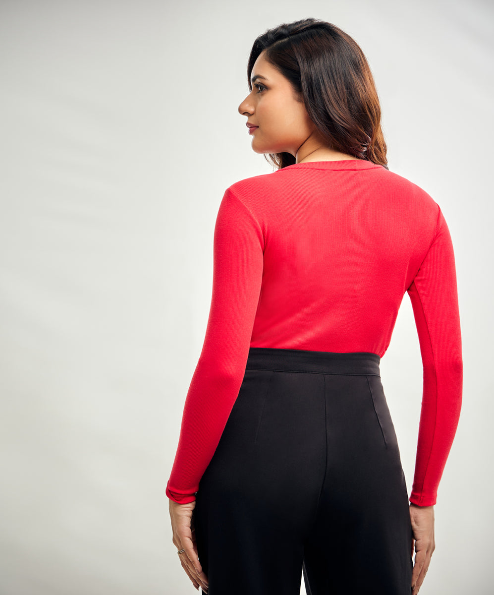 Long Sleeve Round Neck Rib Top- Red – Zigzag