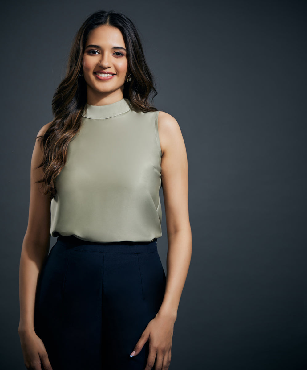 Solid Satin Shoulder Dropped Olive Top – Zigzag